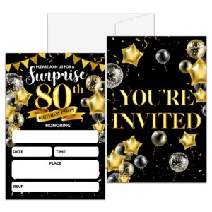 surprise 80th birthday party invitation, black and gold fill-in invites for adult woman & man, 20 invitations with envelopes(4" x 6"), party favors decorations and supplies-06