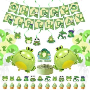 kefan frog birthday party supplies, frog birthday party decorations, frog themed party supplies decor with happy birthday banner, cake toppers, balloons for boys girls birthday party1st baby shower