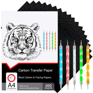 raimarket 200 sheets black carbon paper for tracing on fabric | carbon paper for tracing on wood & canvas, tracing paper for drawing sewing patterns, 5 stylus, a4 size (9 x 13) graphite transfer paper