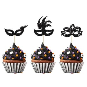 gyufise 24pcs masquerade masks cupcake toppers glitter bachelorette party mask cupcake food fruit picks masquerade mardi gras party baby shower birthday party cake decorations black