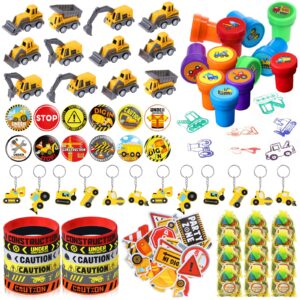 construction party favors construction theme birthday party supplies mini construction vehicles toy rubber bracelet keychain stamper button pin truck stickers bags for birthday party gift (12 sets)