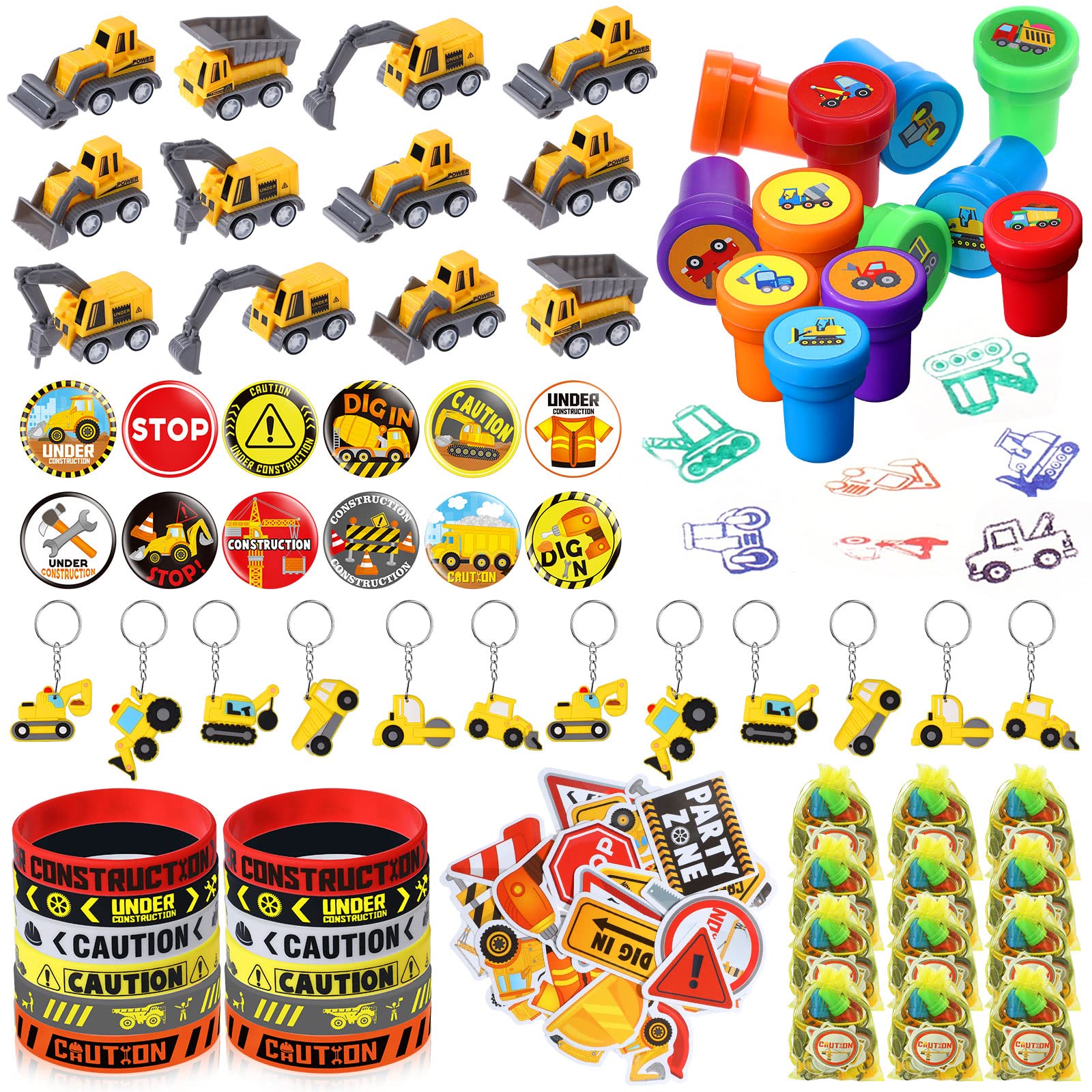 Construction Party Favors Construction Theme Birthday Party Supplies Mini Construction Vehicles Toy Rubber Bracelet Keychain Stamper Button Pin Truck Stickers Bags for Birthday Party Gift (12 Sets)