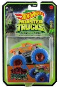 hot wheels 2022 monster trucks 1:64 scale diecast glow in the dark podium crasher, orange with blue wheels