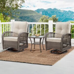 meetleisure bistro set 3 piece outdoor patio furniture, wicker swivel rocking chair set with matching coffee table & premium fabric cushion(mixed grey/beige)