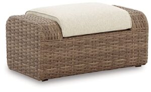 signature design by ashley sandy bloom casual outdoor ottoman with cushion, dark brown & beige