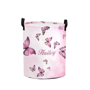 pink butterflies personalized waterproof foldable laundry basket bag with handle, custom collapsible clothes hamper storage bin for toys laundry dorm travel bathroom