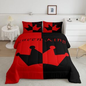 crown queen and king comforter soft quilt set,his and hers matching couple bedding set for girls boys teens, romantic valentine's day black and red comforter set bedroom collection 3pcs king size