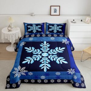 castle fairy snowflake art comforter set queen size,geometric snowflake bedding set for kids boys girls bedroom decoration,navy and blue bed duvet insert,winter theme comforter with 2 pillowcase