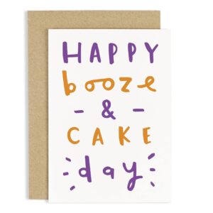 old english co. happy booze cake day funny birthday card for him her - cute funny happy birthday for mum, dad, borther, sister, friend | joke humour design | blank inside & envelope included