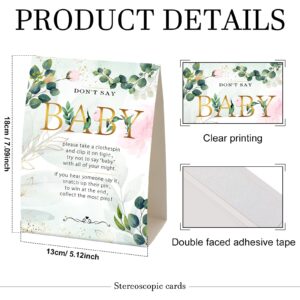 61 Pieces Don't Say Baby Sign 5 x 7 Inch Baby Shower Games and 60 Mini Clothespins Shower Games for Guests Prizes with Baby Shower Pins for Gender Reveal Favors Party Decorations (Greenery Style)