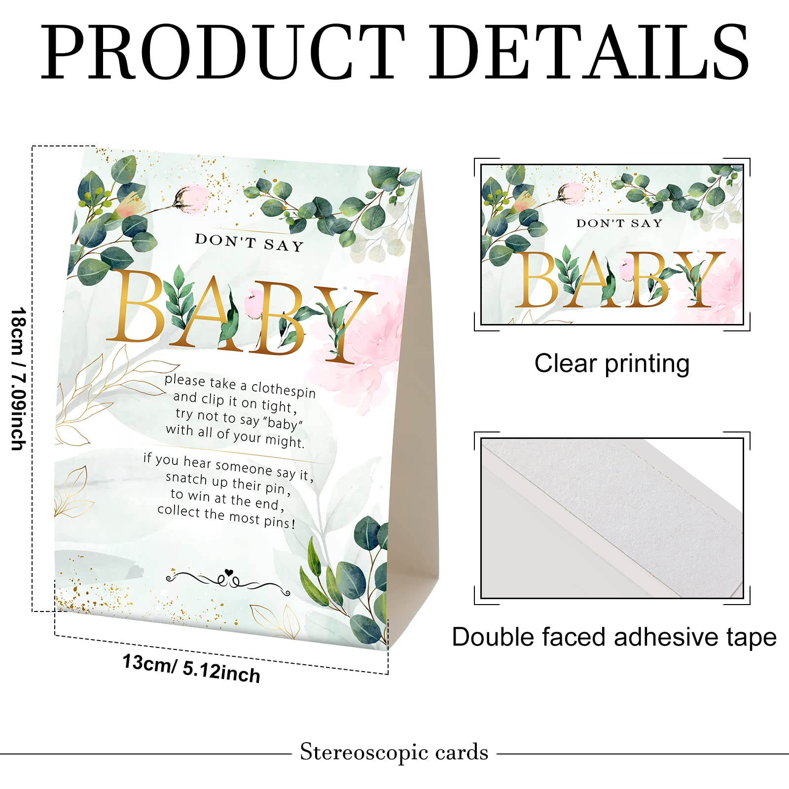 61 Pieces Don't Say Baby Sign 5 x 7 Inch Baby Shower Games and 60 Mini Clothespins Shower Games for Guests Prizes with Baby Shower Pins for Gender Reveal Favors Party Decorations (Greenery Style)