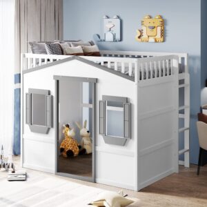 full size house loft beds wood loft bed frame with window and wall fun playhouse bed with ladder for kids boys girls teens, white with gray