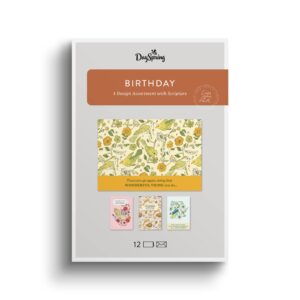 dayspring - birthday birds - 4 botanical bird designs assortment with scripture - 12 happy birthday boxed cards & envelopes (u0056)