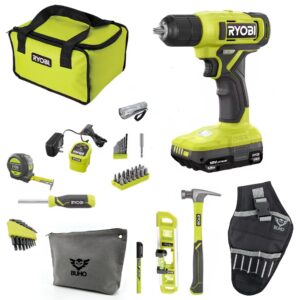 buho household tool kit accessory bundle - ryobi 18v cordless drill driver 1.5 ah battery charger hand tools drill bits tool bag holster pouch flashlight