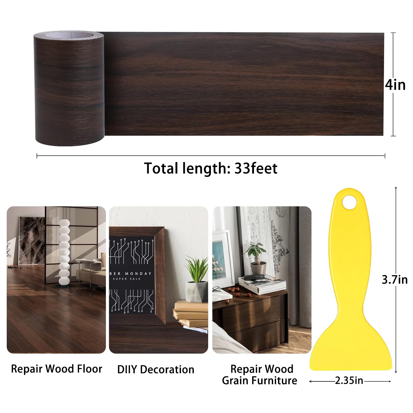 4" X33' Size Realistic Wood Grain Repair Tape, Self Adhesive Wood Grain Repair Patch for Tables, Chairs, Doors, Windows, Floors, Furniture Renovation, Handicraft DIY. With Plastic Scraper. Dark Walnut