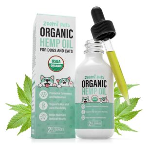 zoomi pets calming organic hemp oil for dogs and cats - hemp oil drops with omega fatty acids - hip and joint support, skin and coat health and allergy relief - helps with anxiety, stress and pain