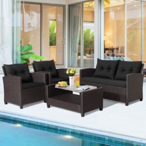 HAPPYGRILL 4 Pieces Patio Furniture Set Outdoor PE Rattan Conversation Set with 2-Tier Coffee Table, Extra Storage Shelf and Cushions, Patio PE Wicker Sofa Set for Garden Backyard Poolside