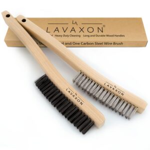 lavaxon wire brush set-heavy duty stainless & carbon steel bristles with wood handle grip for rust, wielding slag, dirt & paint scrubbing with deep cleaning – 14 inches (pack of 2)