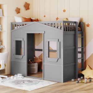 house loft bed twin loft beds solid wood frame with window and wall fun playhouse bed with ladder for kids boys girls teens, twin size, gray