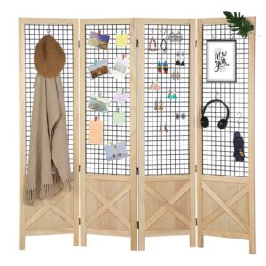 wnutrees 4 panel gridwall display, portable freestanding display board for craft/art shows, retail, events, decorative wood room divider folding screens, natural