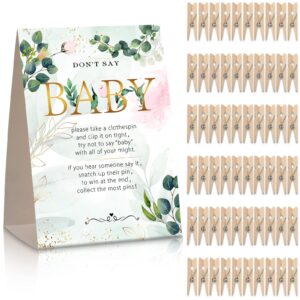 61 pieces don't say baby sign 5 x 7 inch baby shower games and 60 mini clothespins shower games for guests prizes with baby shower pins for gender reveal favors party decorations (greenery style)