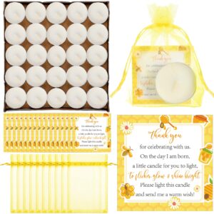 50 sets bee theme baby shower party favors include 50 pcs tea light candles for guests 50 pcs bee thank you greeting cards and 50 pcs yellow organza bags return gifts for girls gender reveal party