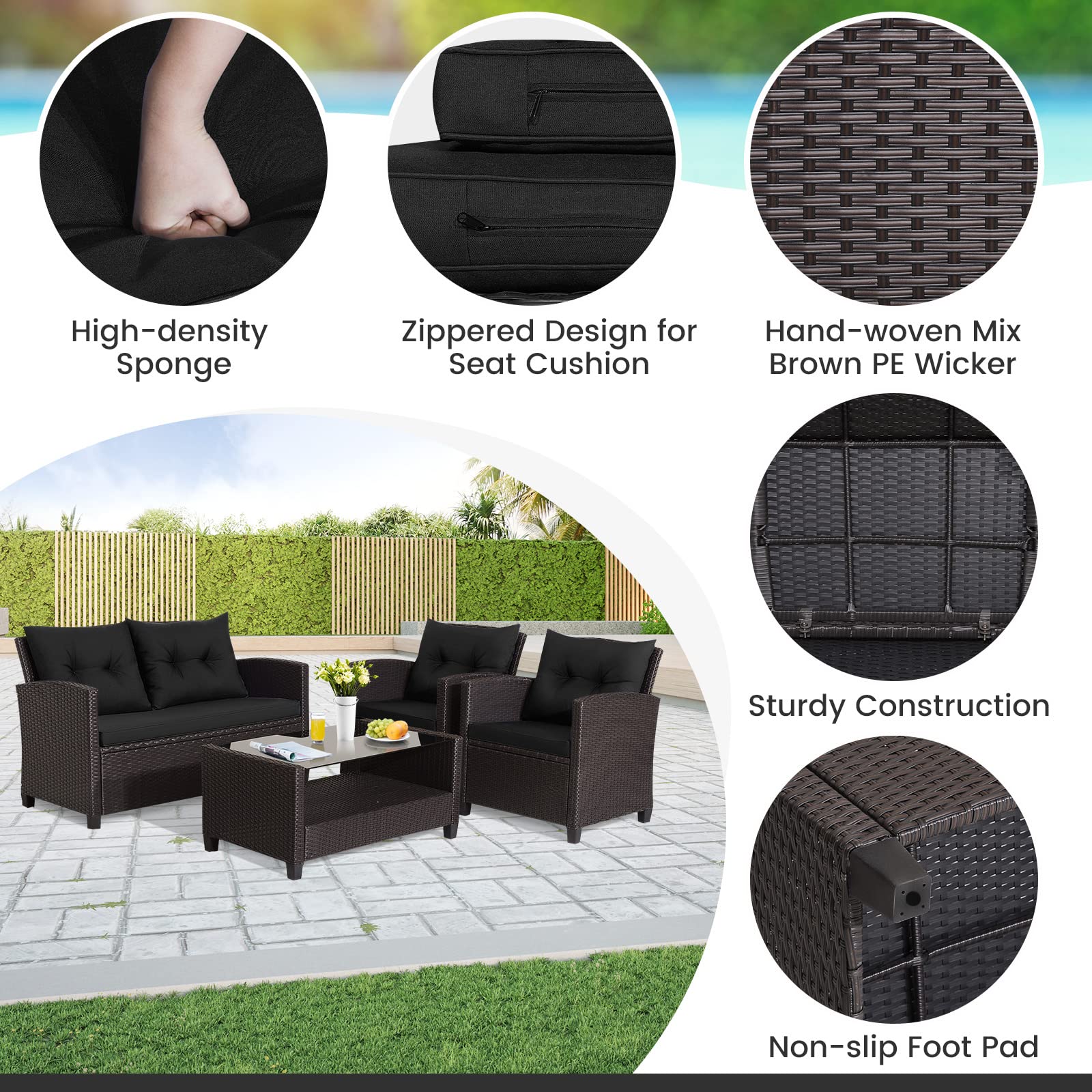 HAPPYGRILL 4 Pieces Patio Furniture Set Outdoor PE Rattan Conversation Set with 2-Tier Coffee Table, Extra Storage Shelf and Cushions, Patio PE Wicker Sofa Set for Garden Backyard Poolside