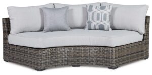 signature design by ashley harbor court casual outdoor armless curved loveseat with cushion, dark brown & light gray