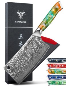 sanmuzuo chopping knife - 7 inch cleaver knife- xuan series - vg10 damascus steel kitchen knife - resin handle (fantasy orange)