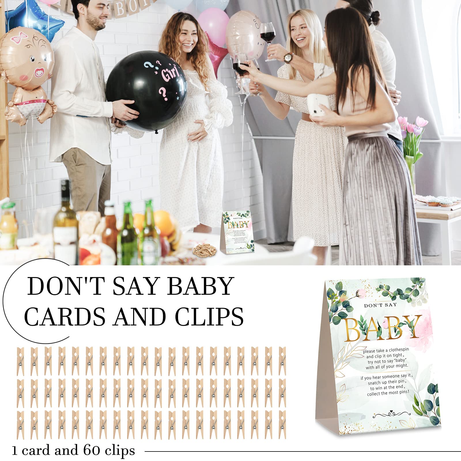 61 Pieces Don't Say Baby Sign 5 x 7 Inch Baby Shower Games and 60 Mini Clothespins Shower Games for Guests Prizes with Baby Shower Pins for Gender Reveal Favors Party Decorations (Greenery Style)