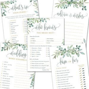 bridal shower games - 5 activities for 50 guests - double sided games - eucalyptus