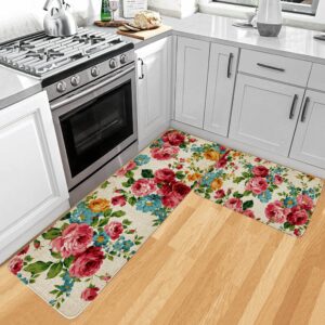 Safarsa Kitchen Mats for Floor Set of 2 Pieces Kitchen Rugs and Mats Non Skid Washable Kitchen Floor Mat(17" Wx30 L+17" Wx 47" L Pink Red Roses Floral)