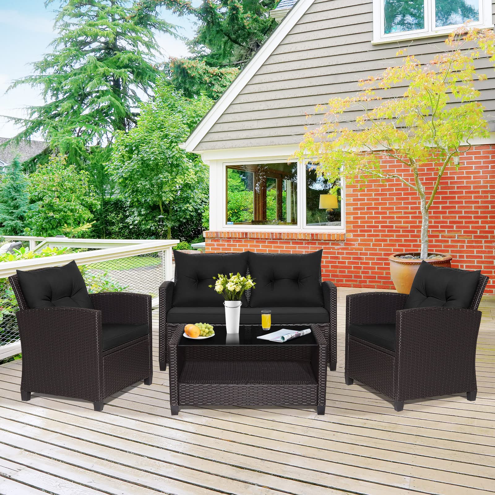 HAPPYGRILL 4 Pieces Patio Furniture Set Outdoor PE Rattan Conversation Set with 2-Tier Coffee Table, Extra Storage Shelf and Cushions, Patio PE Wicker Sofa Set for Garden Backyard Poolside