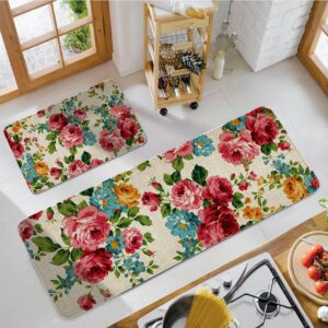 safarsa kitchen mats for floor set of 2 pieces kitchen rugs and mats non skid washable kitchen floor mat(17" wx30 l+17" wx 47" l pink red roses floral)