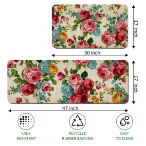 Safarsa Kitchen Mats for Floor Set of 2 Pieces Kitchen Rugs and Mats Non Skid Washable Kitchen Floor Mat(17" Wx30 L+17" Wx 47" L Pink Red Roses Floral)