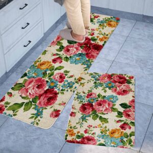 Safarsa Kitchen Mats for Floor Set of 2 Pieces Kitchen Rugs and Mats Non Skid Washable Kitchen Floor Mat(17" Wx30 L+17" Wx 47" L Pink Red Roses Floral)