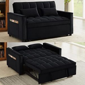 habitrio loveseat with pull-out sleeper bed, solid wood frame black velvet upholstered 55" 2-seater sofa couch w/3-position reclining backrest, 2 side pockets, 2 pillows, furniture for living room