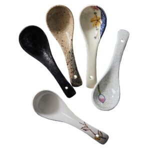 bicuzat vintage style soup spoons set of 5, asian ceramic ramen spoons for broth, chaos, salad, noodles, miso soup, chinese soup, rice spoon, 5 inch