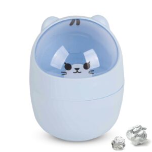 cute mini desktop trash can, cartoon cat animal shape waste paper bin with swing lid mini countertop trash can small garbage can(blue)