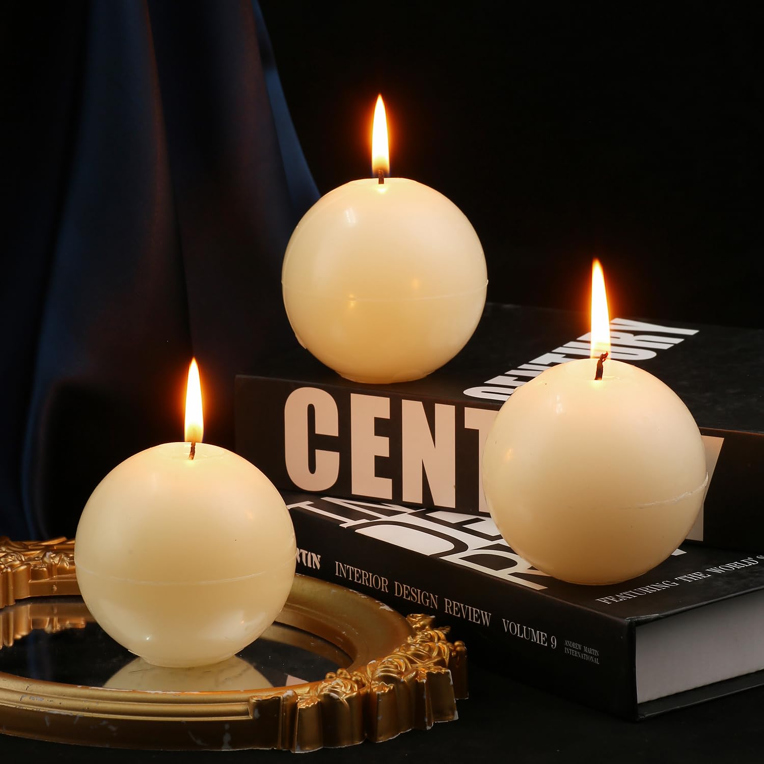 Ball Pillar Candles Set of 3 Ivory 3Inch Unscented Handpoured Weddings, Home Decoration, 75 Hour