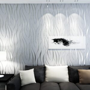 yuyiqi Peel and Stick Wallpaper, Length 20.8" Width 393" Per Roll, Non-Woven 3D Modern Print Embossed Stripe Fashion Wallpapers for Livingroom, Bedroom, Kitchen and Bathroom, Silver Grey