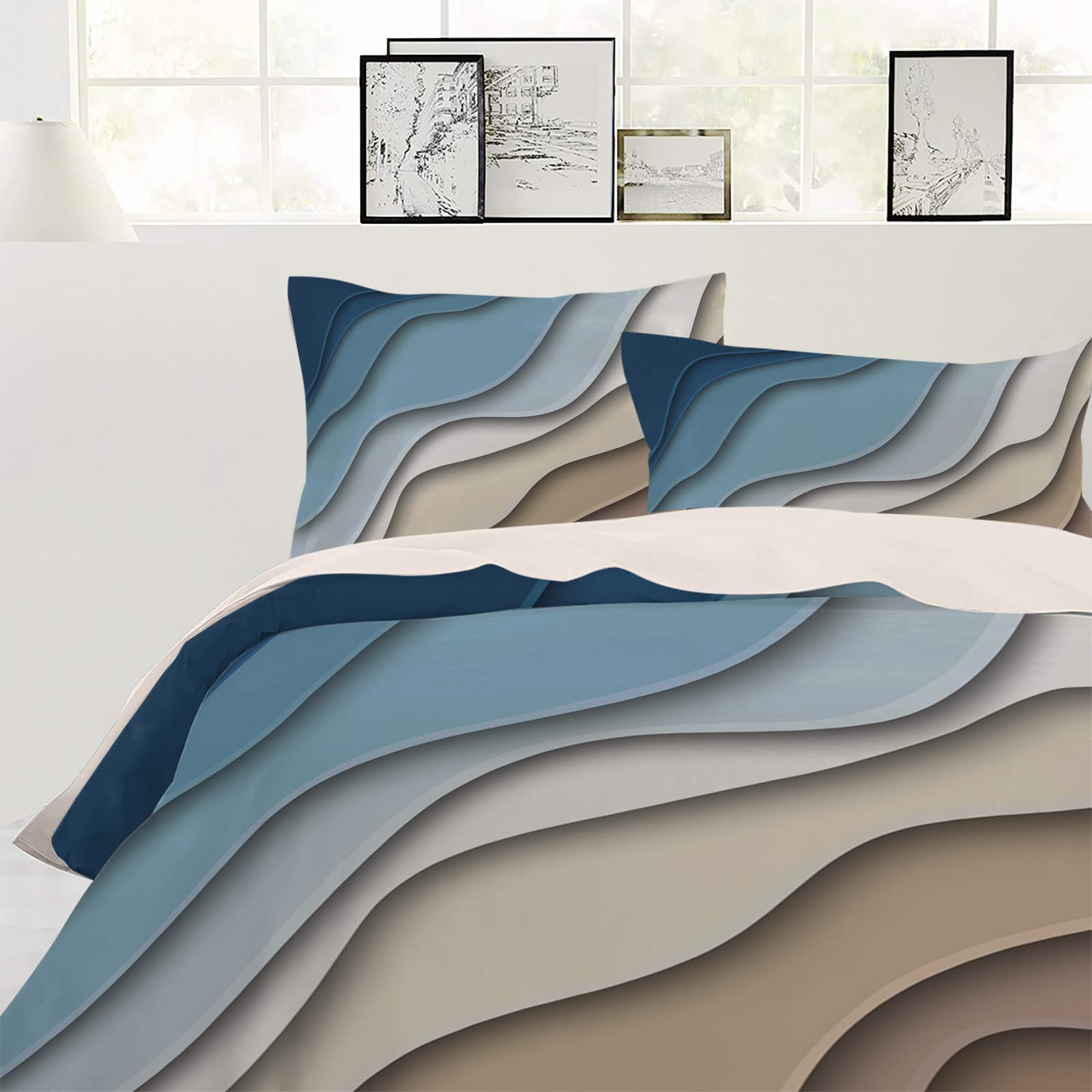 Navy Blue Brown Ombre Duvet Cover Set 3 Pieces with Zipper Closure, Modern Geometric Abstract Cream Bedding Sets 1 Duvet Cover & 2 Pillow Cases, Comforter Cover Set Duvet Cover California King