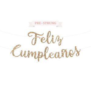 pre-strung feliz cumpleaños banner,no diy,gold glitter spanish happy birthday party banner,pre-strung script garland on 6 ft strands,gold birthday party decorations & decor. did we mention no diy?