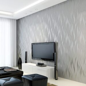 yuyiqi Peel and Stick Wallpaper, Length 20.8" Width 393" Per Roll, Non-Woven 3D Modern Print Embossed Stripe Fashion Wallpapers for Livingroom, Bedroom, Kitchen and Bathroom, Silver Grey