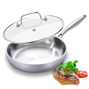 delarlo tri-ply stainless steel pan, 12 inch frying pan with lid, compatible with all cooktops up to 600℉, fast & even heat, skillet, induction cookware, cooking pan, stir fry pan, dishwasher safe pan