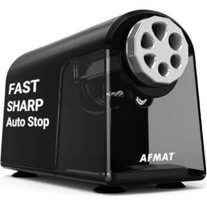 afmat heavy duty electric pencil sharpener for classroom, 6 holes, electric pencil sharpeners for home, pencil sharpener plug in for 6-11mm pencils, auto stop, super fast, save pencils, black