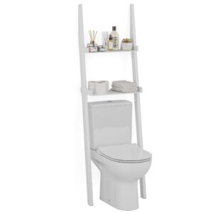 ballucci over the toilet storage shelf, 2-tier over toilet bathroom organizer, bath towel rack and behind toilet organizer leaning shelf, modern bathroom decor ladder shelves, white