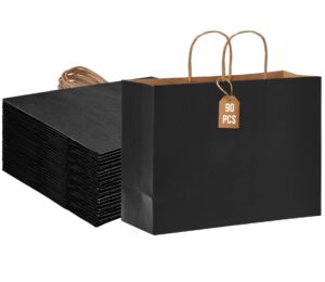 moretoes 90pcs black gift bags, 16x6x12 inch paper gift bags black kraft paper bags with handles, shopping bags in bulk for boutiques, grocery, mechandise, party, gifts & merchandise