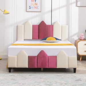 mixoy twin size kids bed frames,upholstered twin platform bed frame for children with headboard,toddler bed for girls, teens,no box spring needed, easy assembly(pink/white,twin)