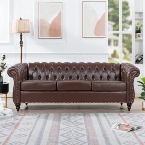 pu leather 3 seater sofa with rolled arm, 84" wide upholstered leather counch with stud trim, wooden legs, button tufted chesterfield sofa counch for living room office, hold up to 660 pound, grey